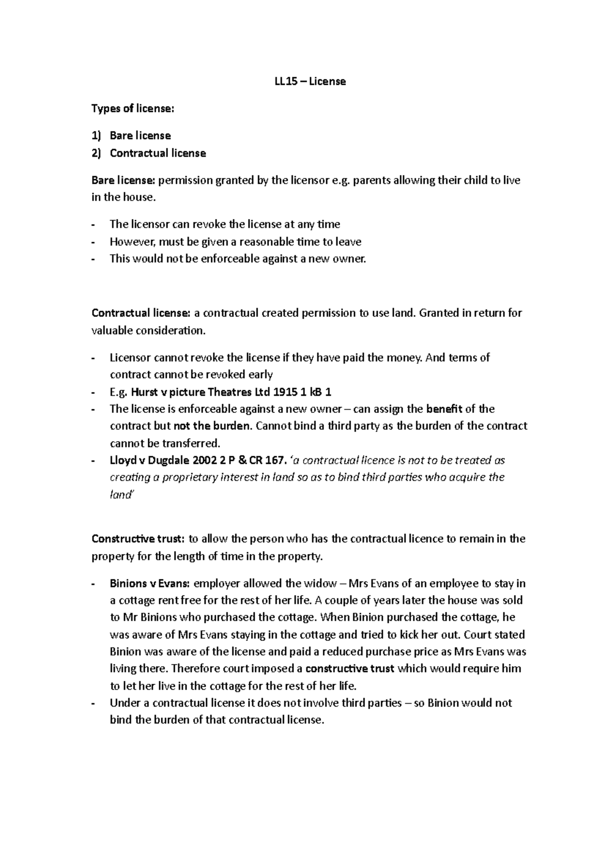 LL15 - Lecture notes 15 - LL15 – License Types of license: 1) Bare ...
