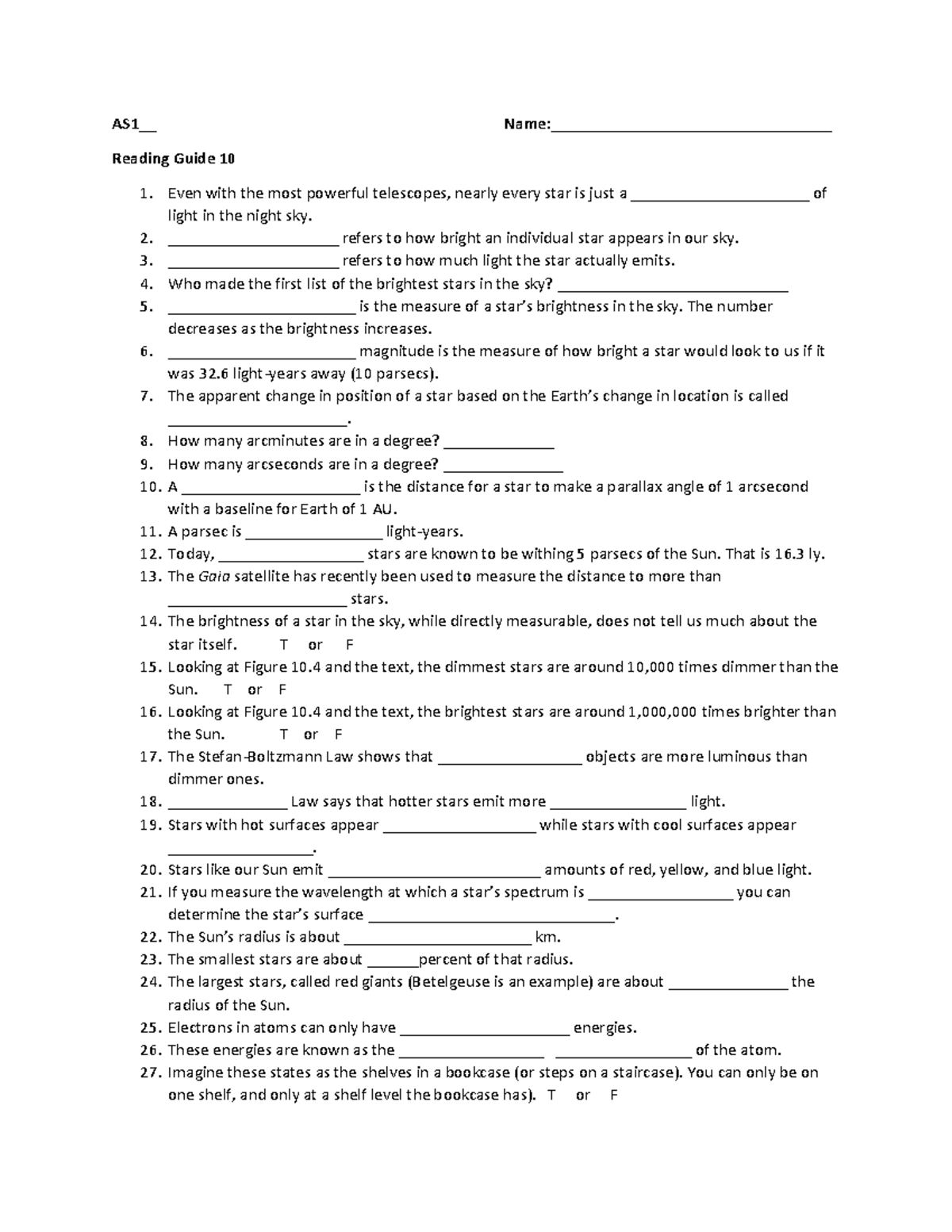 Reading Guide 10 Quiz AS1 Name