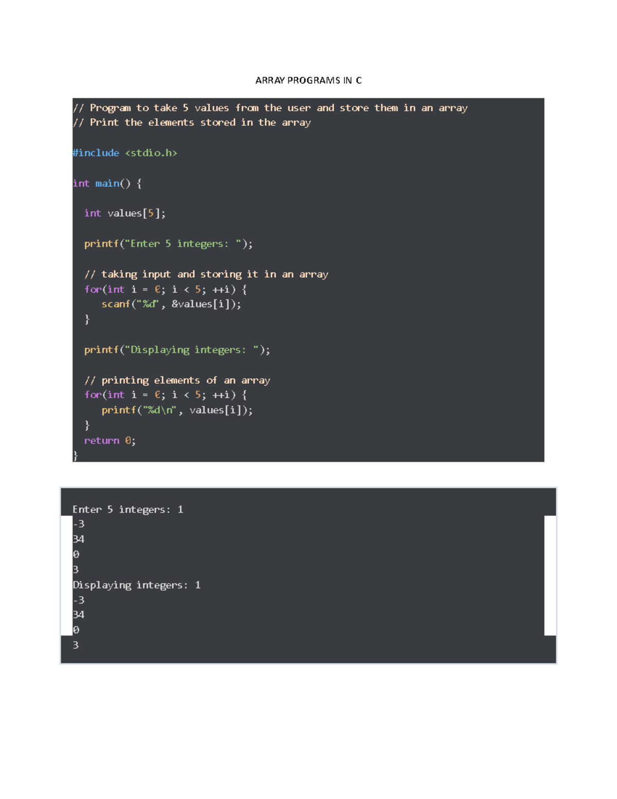 C ARRA Y Proggram - ARRAY PROGRAMS IN C // Program to take 5 values ...