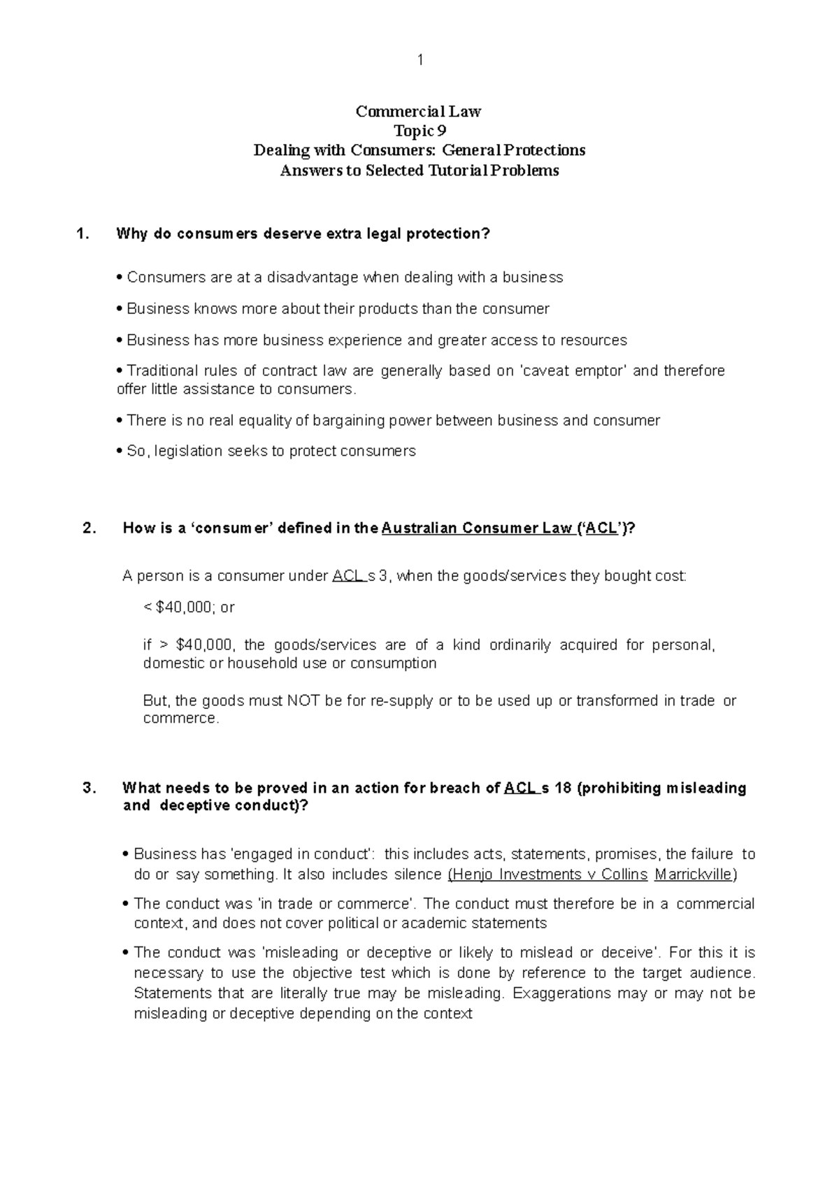 Tutorial Solutions Topic 9 Australian Consumer Law General Protections ...