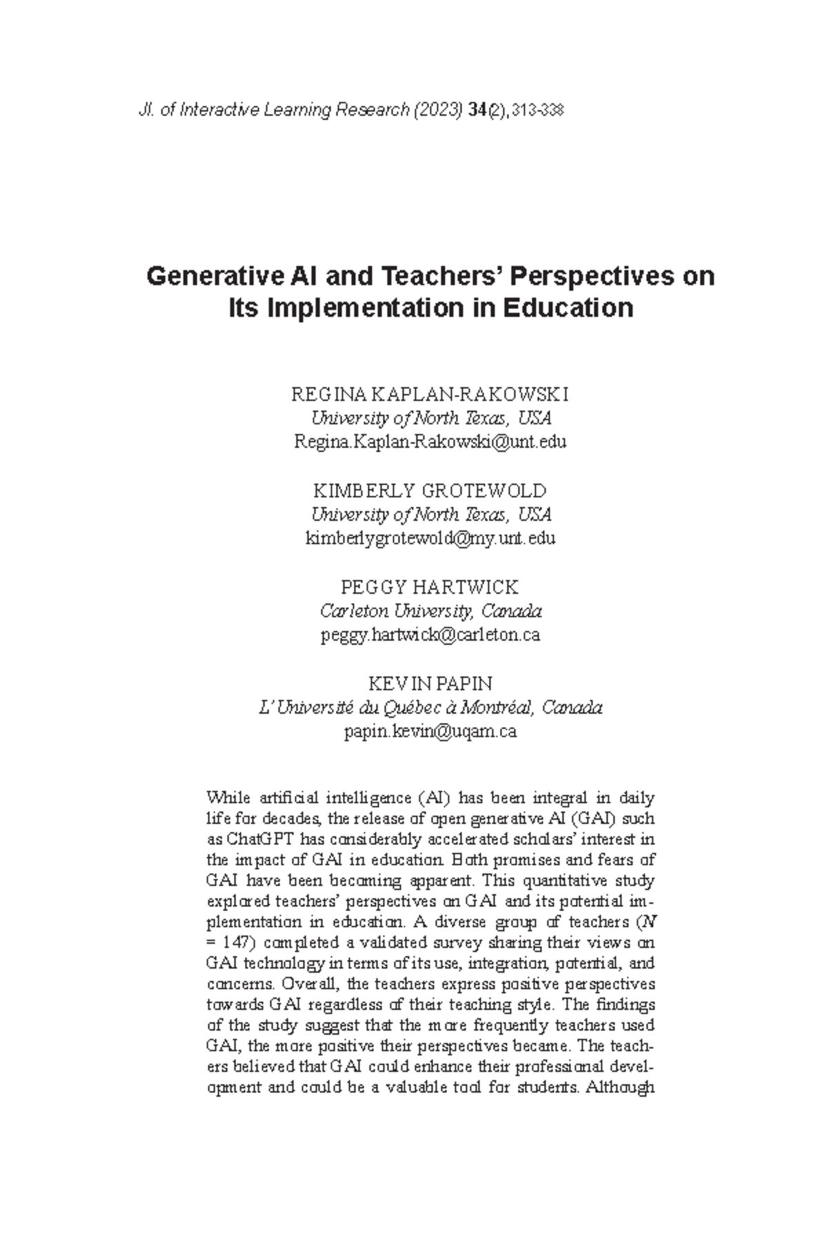 Generative AI and Teachers’ Perspectives on - Jl. of Interactive ...