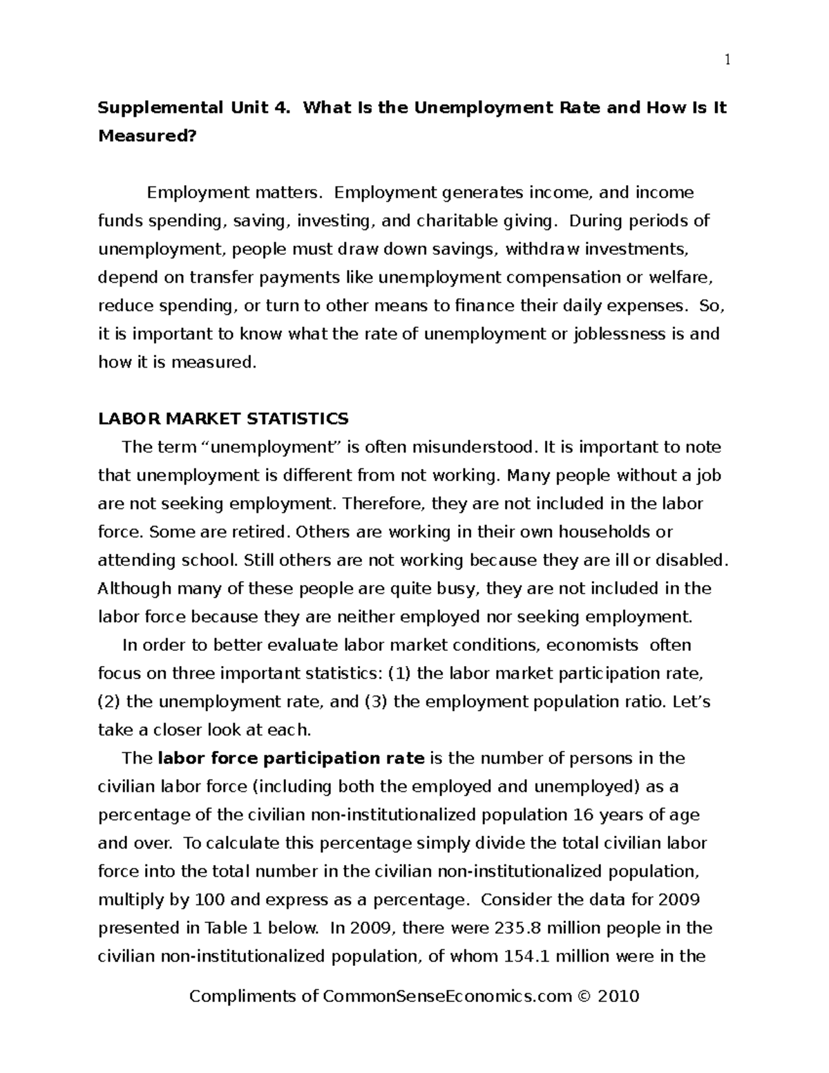 4Unemployment Note Key - Supplemental Unit 4. What Is the Unemployment ...
