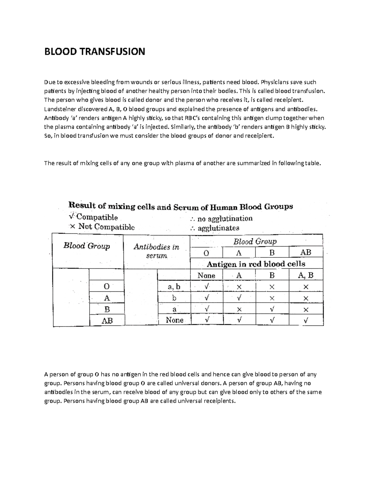 Blood Transfusion - BLOOD TRANSFUSION Due to excessive bleeding from ...