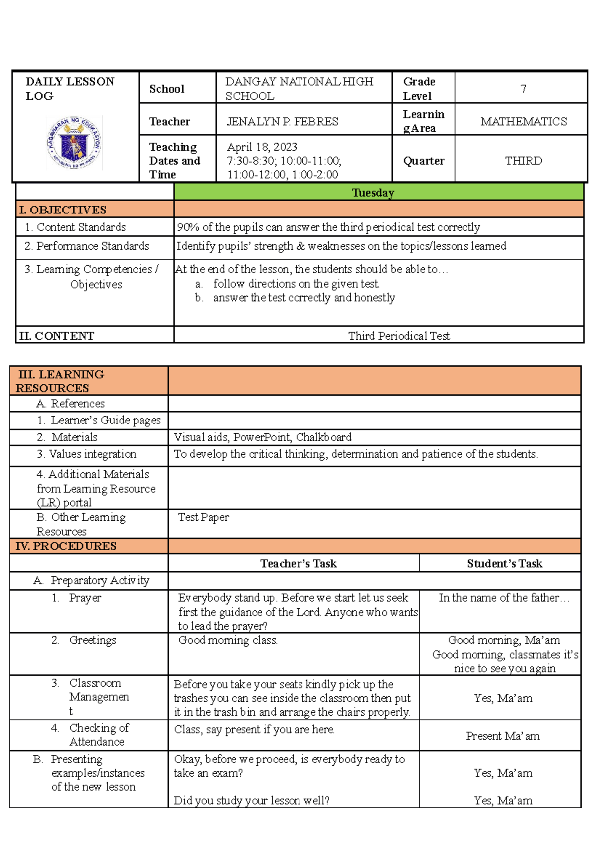Math Lesson Plan - DAILY LESSON LOG School DANGAY NATIONAL HIGH SCHOOL ...