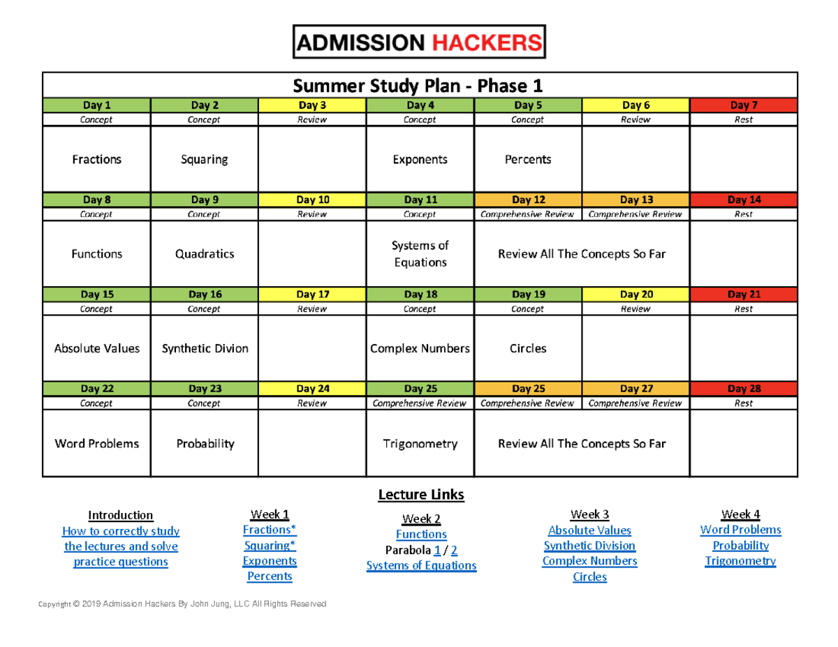1. Summer Study Plan - Phase 1 - Copyright © 2019 Admission Hackers By ...