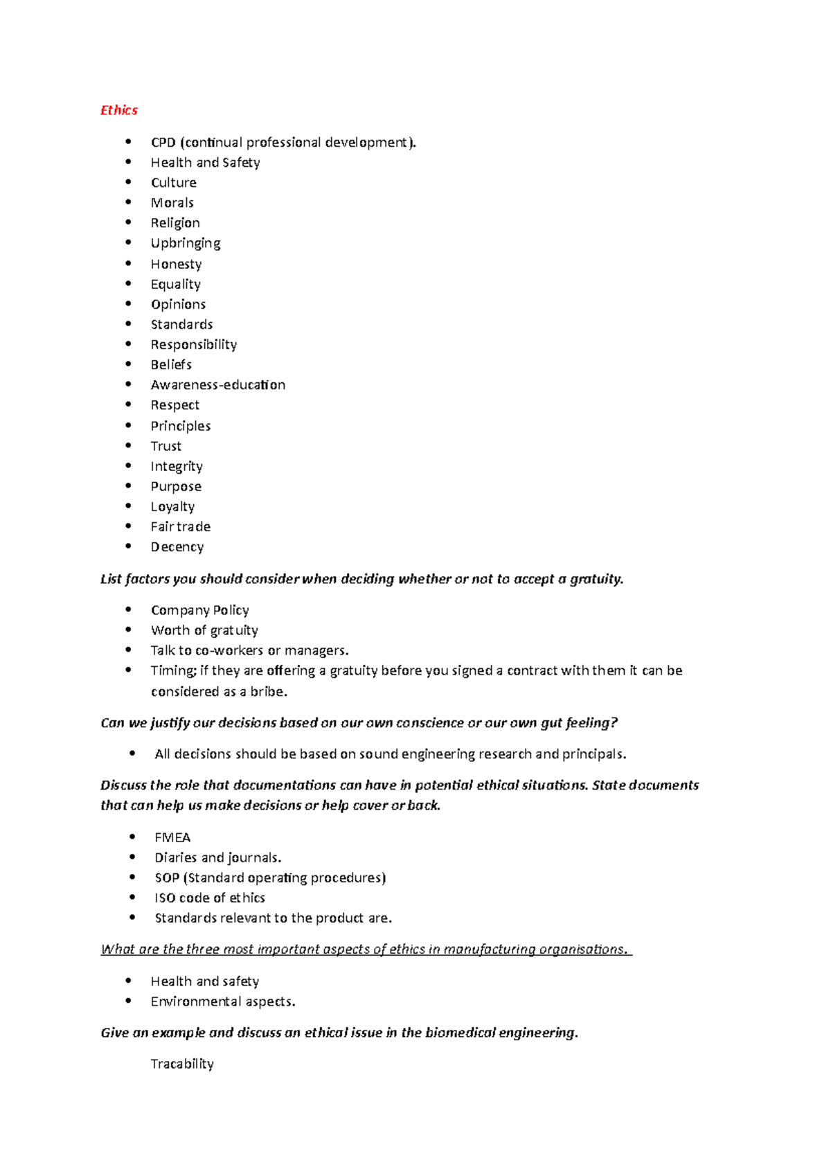 Ethics - Detailed notes from Lecturer Sally Byran, edited into bullet ...