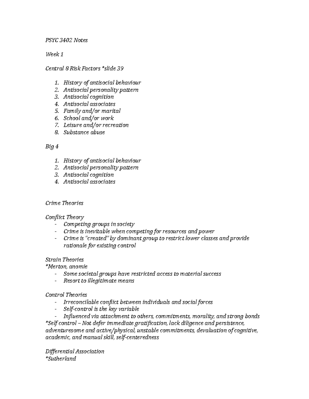 PSYC 3402 Notes - PSYC 3402 Notes Week 1 Central 8 Risk Factors *slide ...