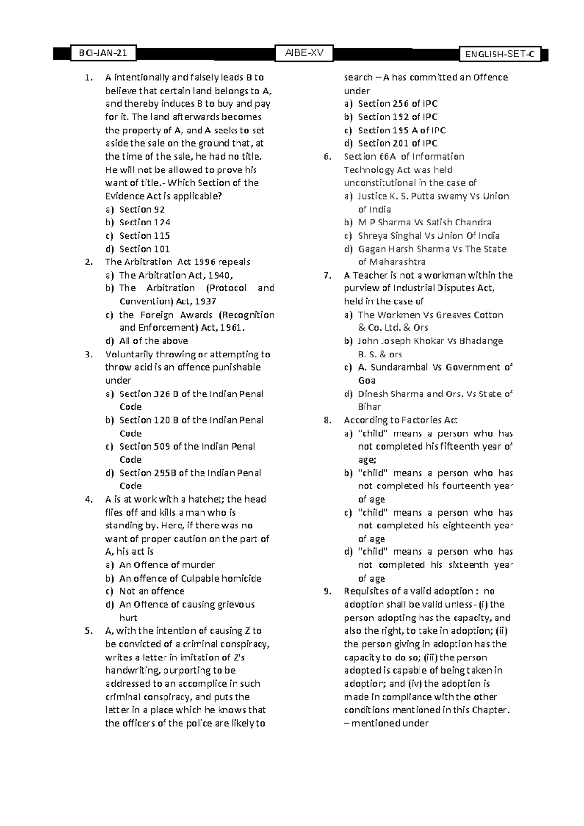 Aibe question paper set code c aibe xv 2021 1899 - A intentionally and ...