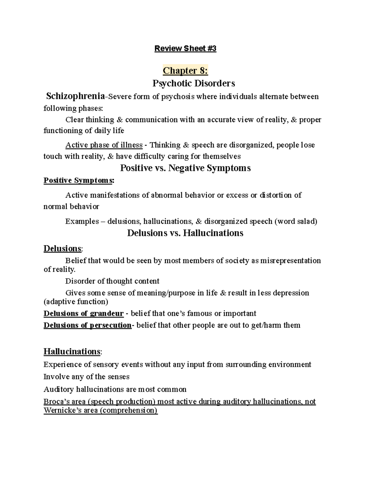 Review Sheet #3 - Review Sheet # Chapter 8: Psychotic Disorders ...
