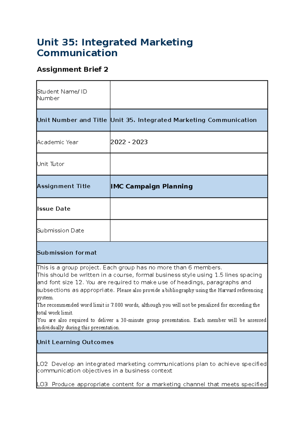 Unit 35 - Assignment Brief 2 - Unit 35: Integrated Marketing ...