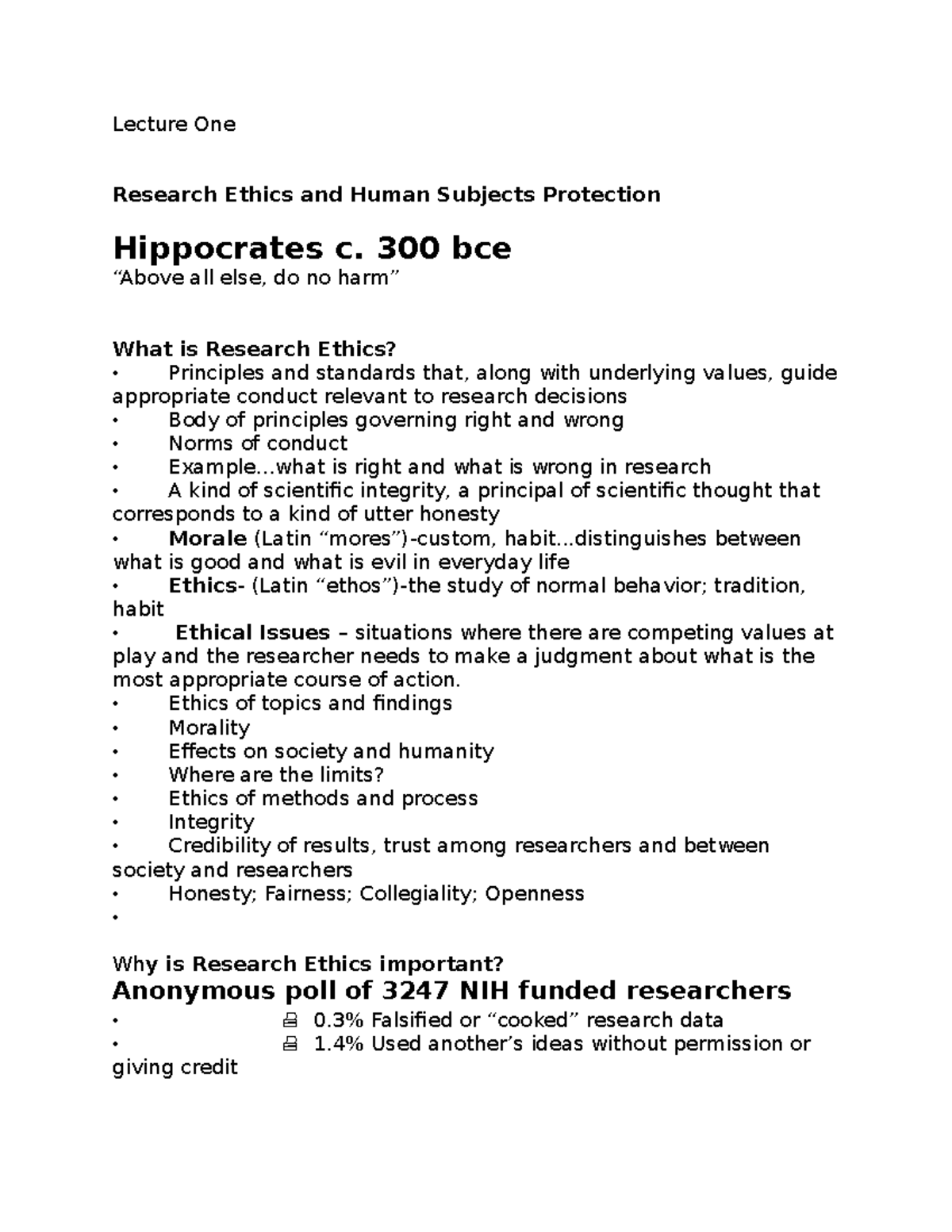 Lecture One Notes - Lecture One Research Ethics and Human Subjects ...