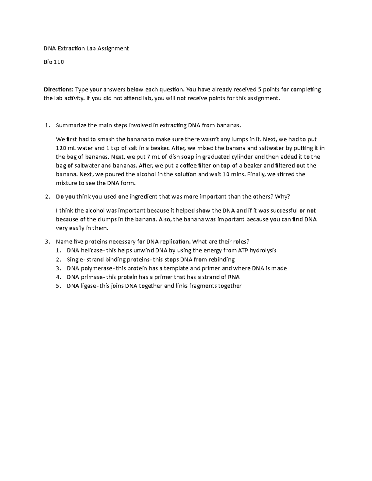 DNA Laboratory Assignment - DNA Extraction Lab Assignment Bio 110 ...