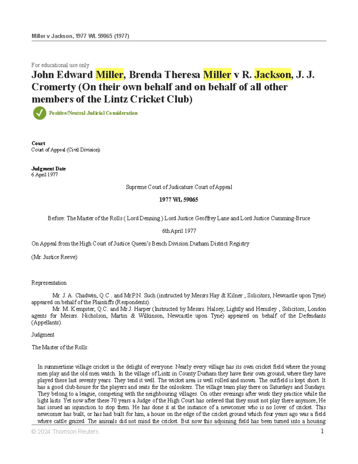 Miller v Jackson - For educational use only John Edward Miller, Brenda ...