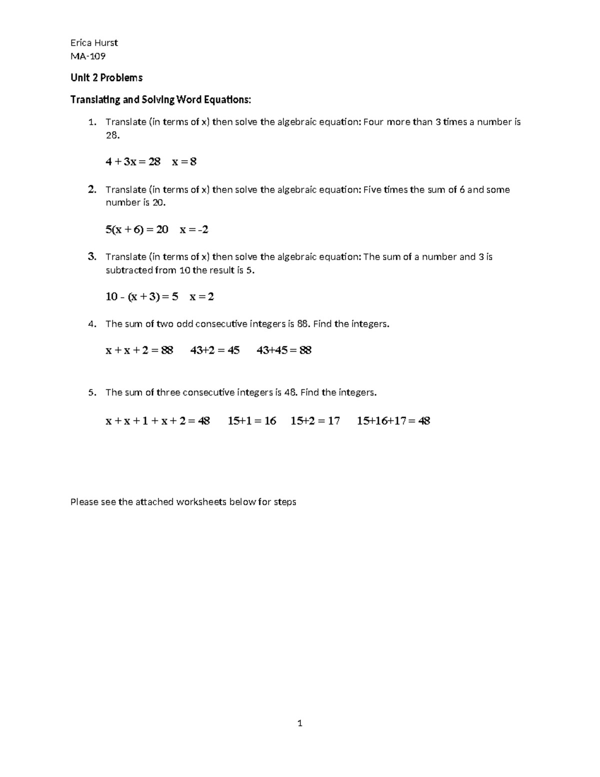 Unit2 Translating and Solving Word Equations: - Erica Hurst MA- Unit 2 ...