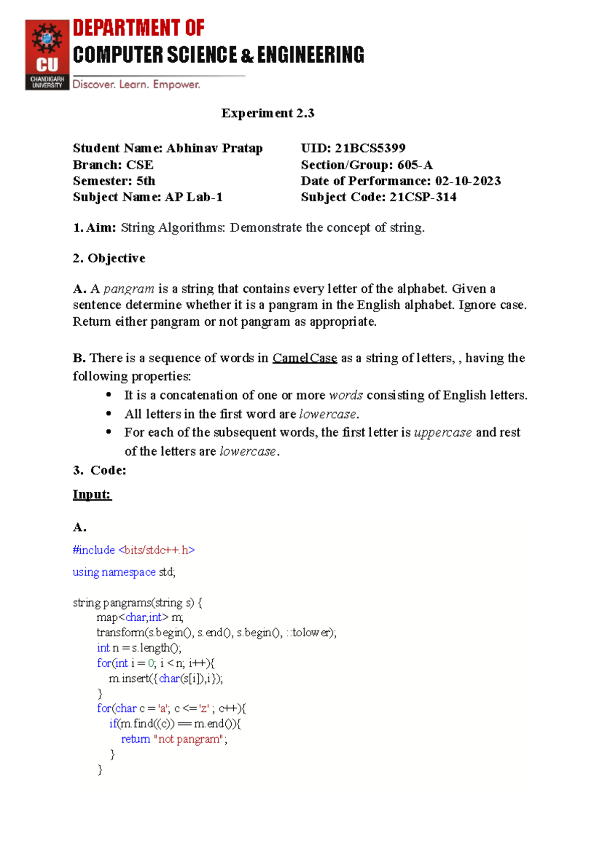 Abhinav AP Worksheet 2 - abc - DEPARTMENT OF COMPUTER SCIENCE & ENGINEERING Experiment 2. - Studocu