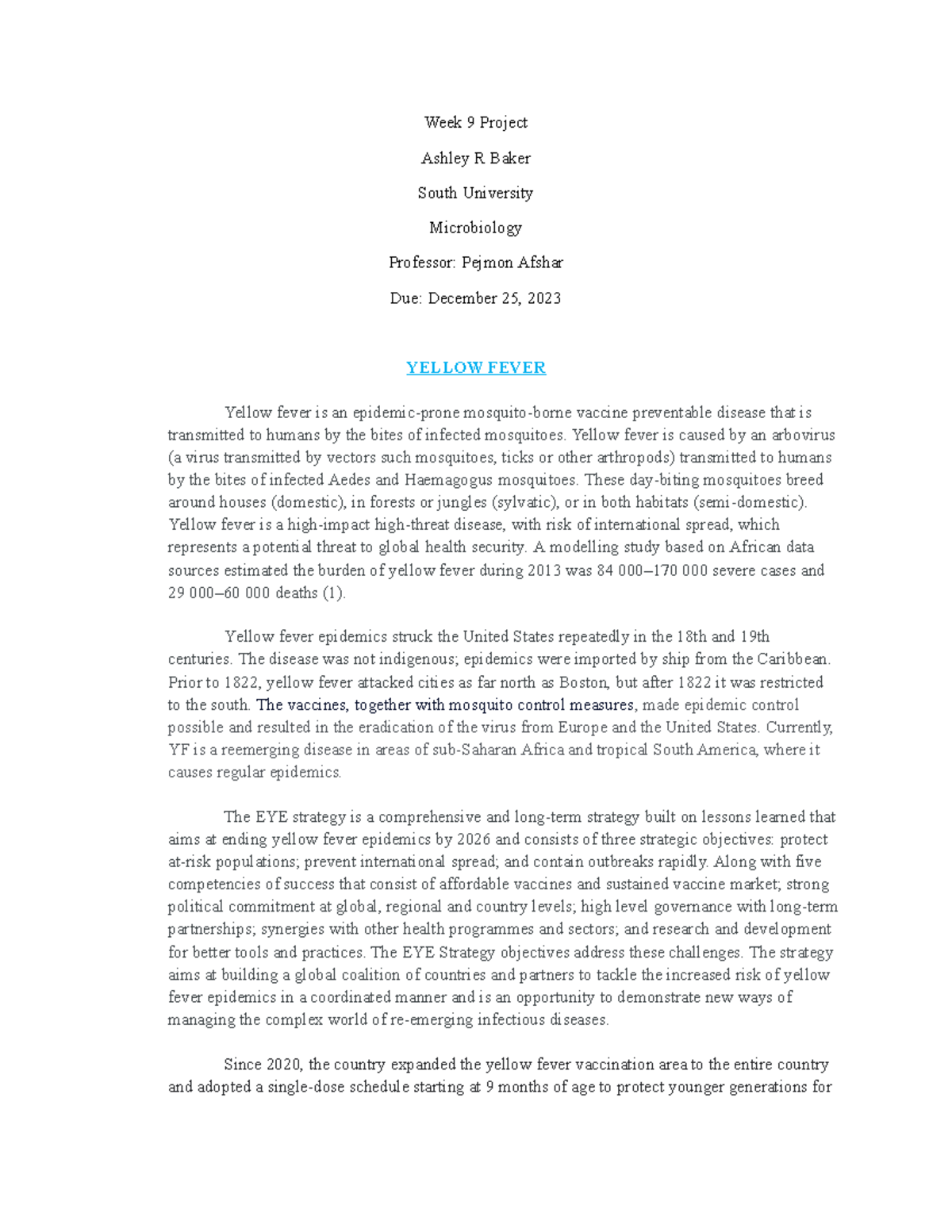 SU BIO2070 W9 A2 Baker A - week 9 assignment 2 - Week 9 Project Ashley R Baker South University ...