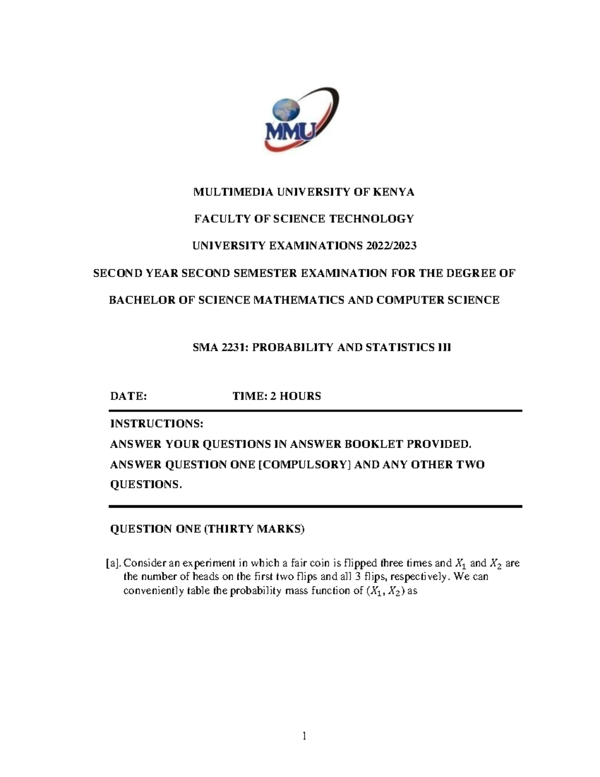 SMA 2231 -Probability and Statistics III - Examinations April 2023 ...