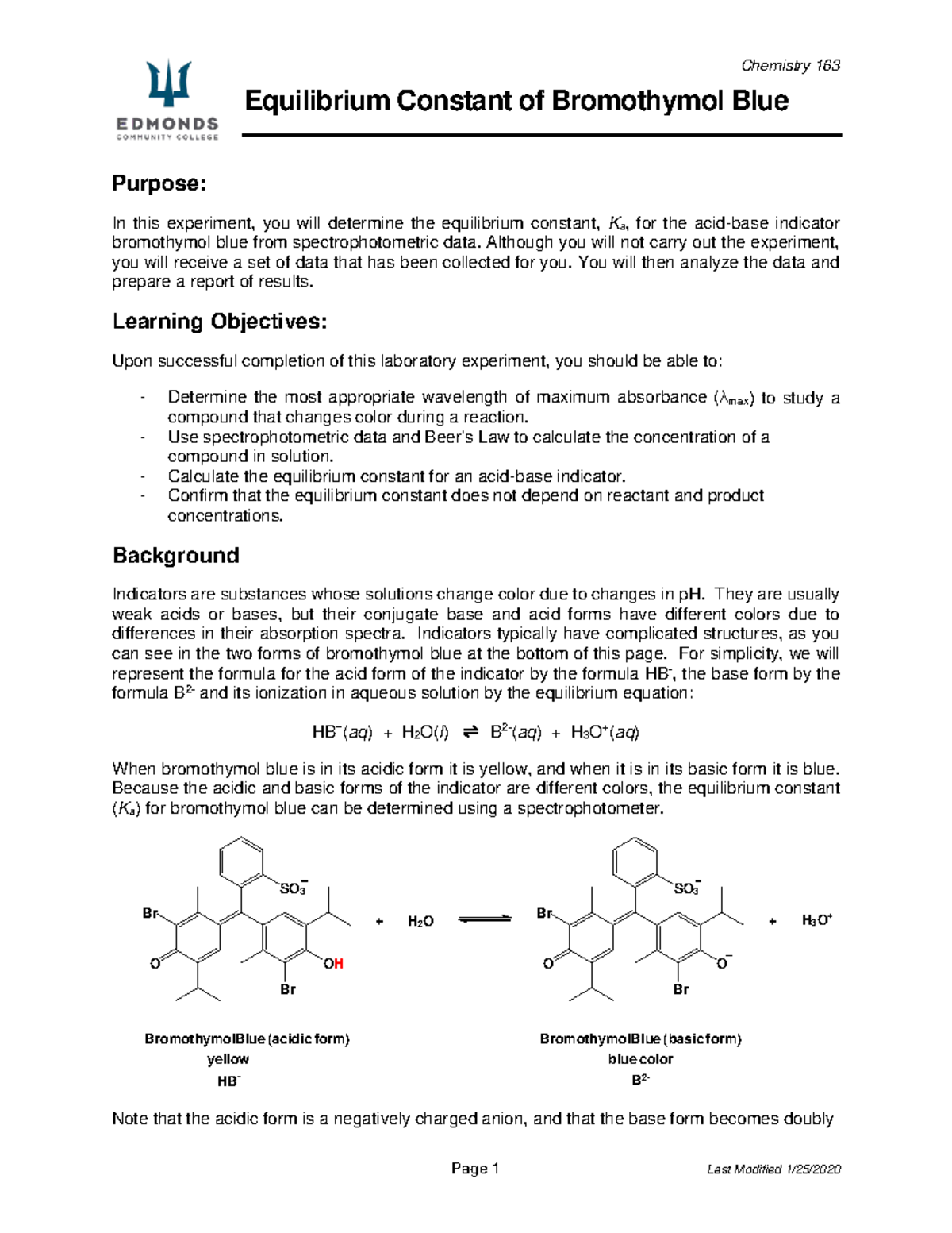 Lab 2 - Bromothymol Blue Equilibrium - Chemistry 163 Page 1 Last ...