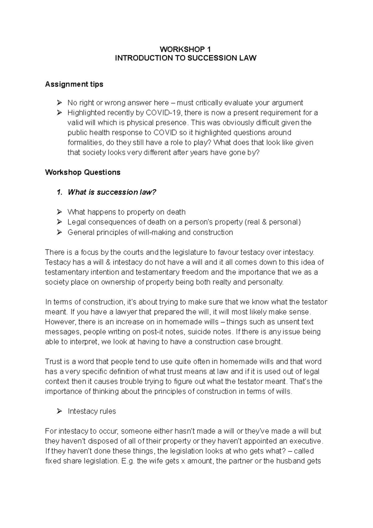 Workshop 1 - tutorial 1 - WORKSHOP 1 INTRODUCTION TO SUCCESSION LAW ...