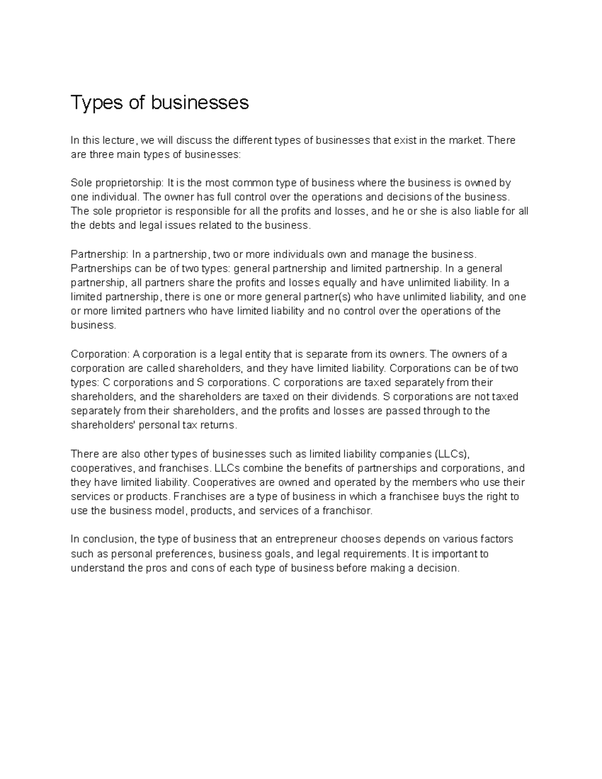 Introduction to Business (BMT-1010) Lecture 145 - Types of businesses ...