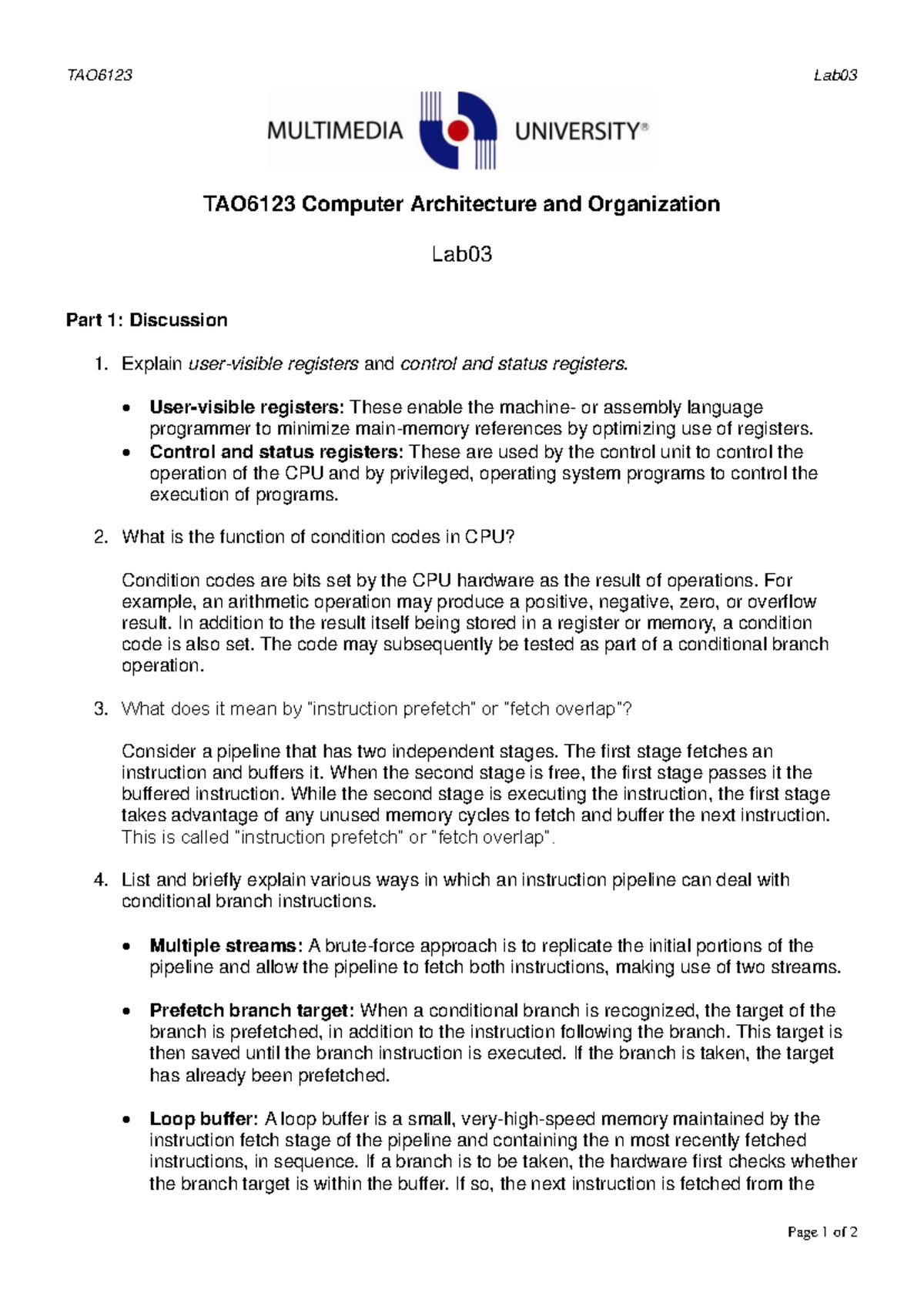 Lab03 Solution - TAO 6123 Lab 03 Page 1 of 2 TAO 6123 Computer Architecture and Organization ...
