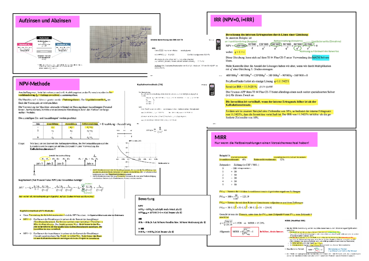 MAT02 Prüfungsspick - IRR (NPV=0, i=IRR) MIRR Nur wenn die Nettoeinzahlungen einen ...