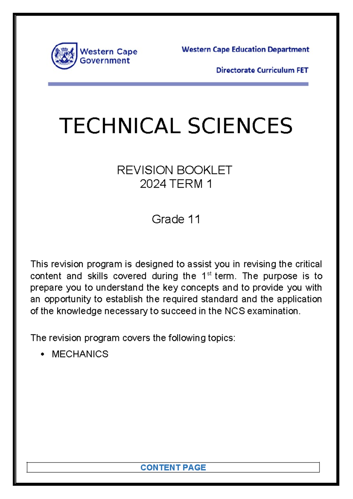 Technical Sciences Grade 11 Term 1 Revision Material 2024 - TECHNICAL ...