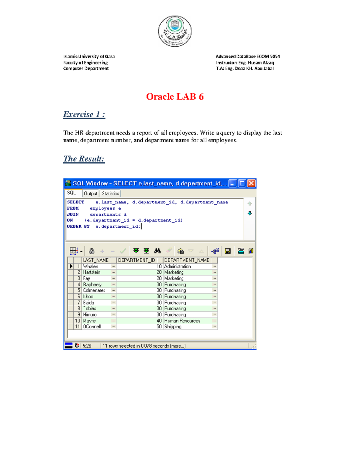 Oracle Lab 6 Solution Faculty Of Engineering Instructor Eng Husam