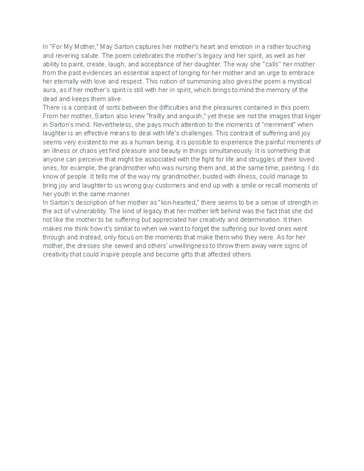 Poetry Response 1 - Google Docs-1 - In “For My Mother,” May Sarton ...