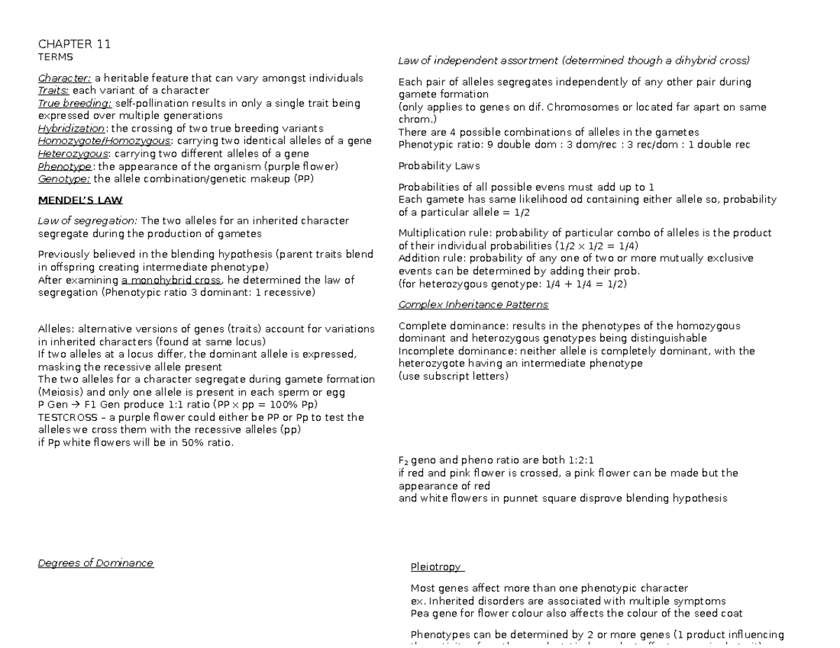 Biol-1115 Chapter 11 exam notes - CHAPTER 11 TERMS Character: a ...