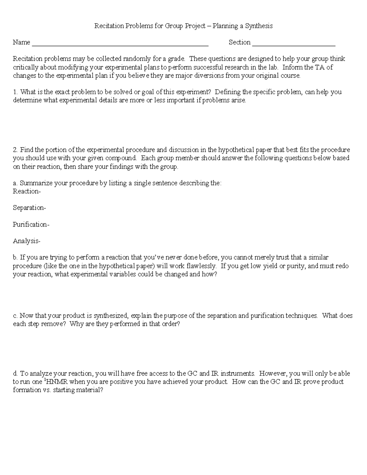 Recitation for Group Project 1-Planning - Recitation Problems for Group Project – Planning a ...