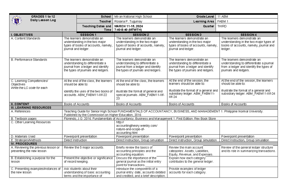 Lesson plan for FABM 1 - GRADES 1 to 12 Daily Lesson Log School Mil-an ...