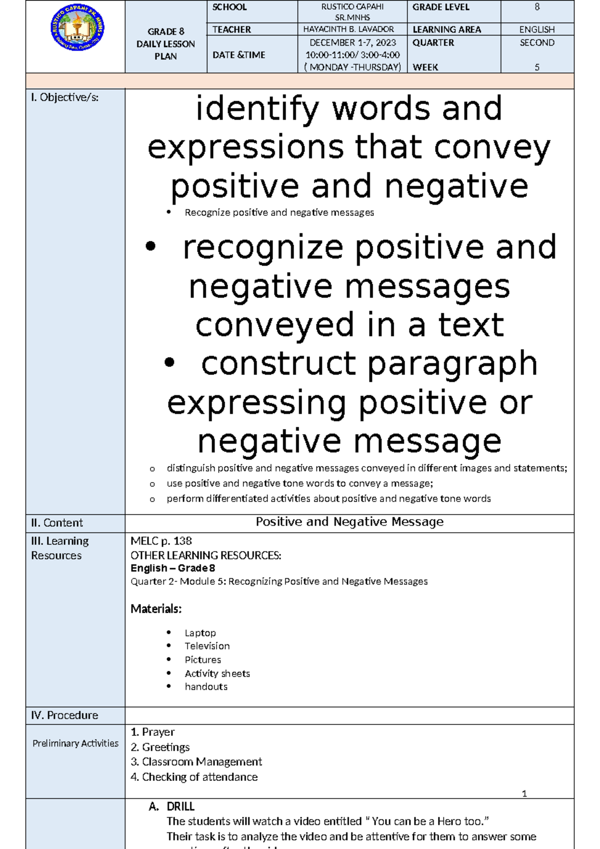 Q2 positive and negative messages - 1 GRADE 8 DAILY LESSON PLAN SCHOOL ...