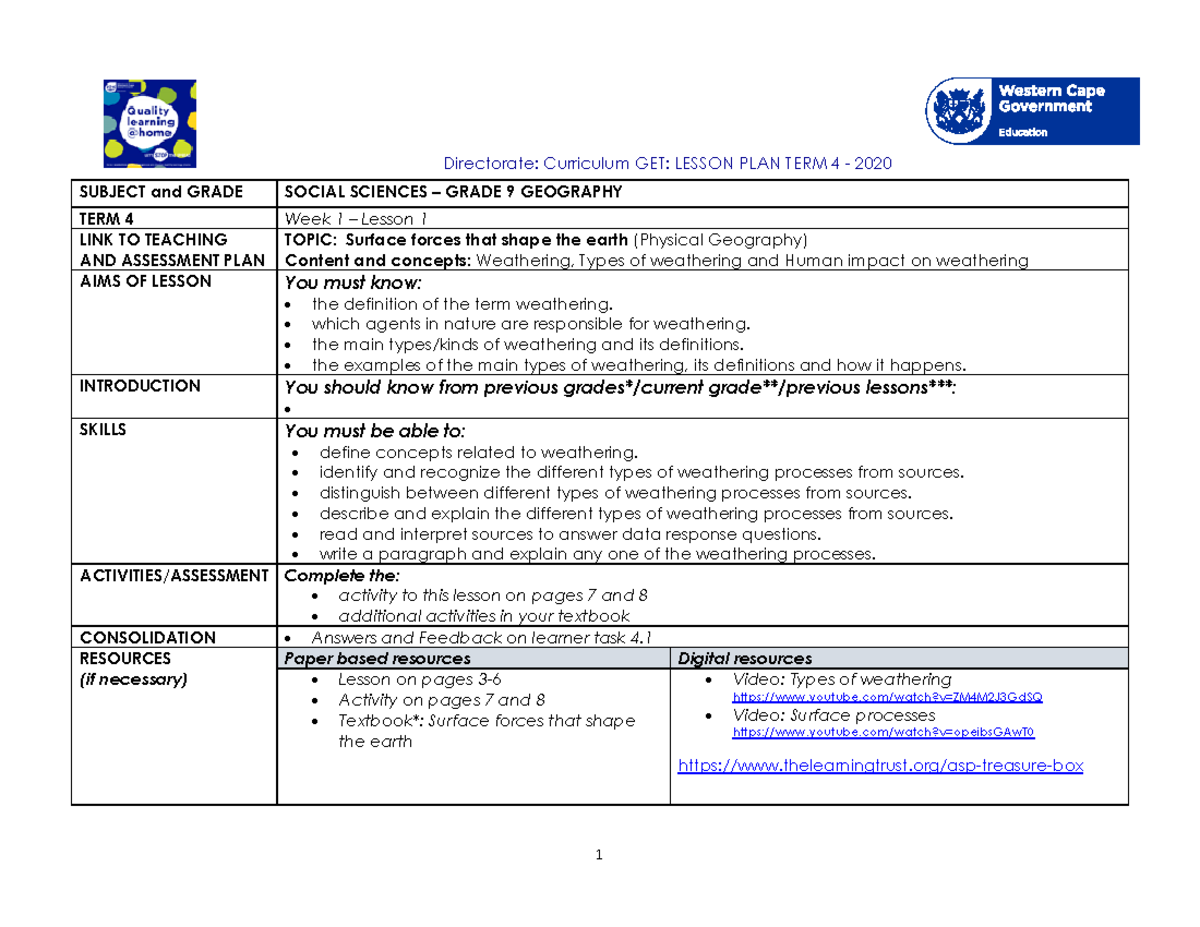 Lesson Plan Grade 9 SS Geography T4 W1 - Directorate: Curriculum GET ...