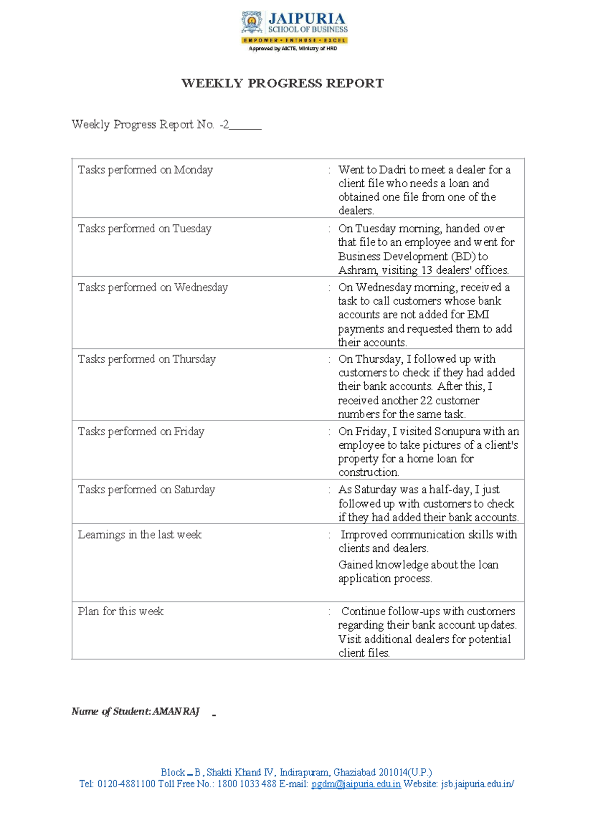 Weekly report 2 - HFFC - WEEKLY PROGRESS REPORT Weekly Progress Report ...
