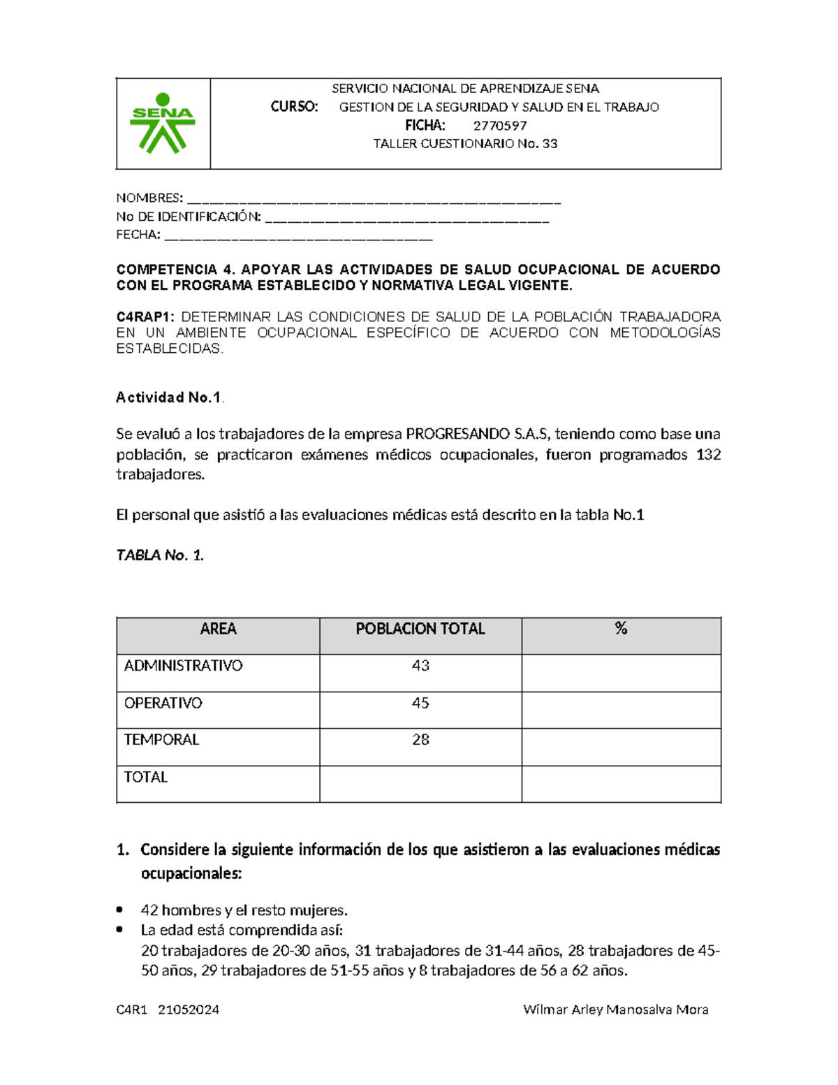 33. Taller Cuestionario No. 33 C4R1 GSST dx - SERVICIO NACIONAL DE ...