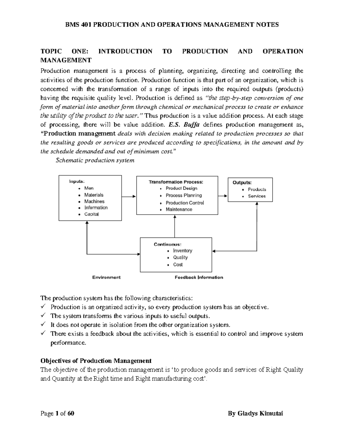 BMS 401 Production AND Operations Management Notes - TOPIC ONE ...