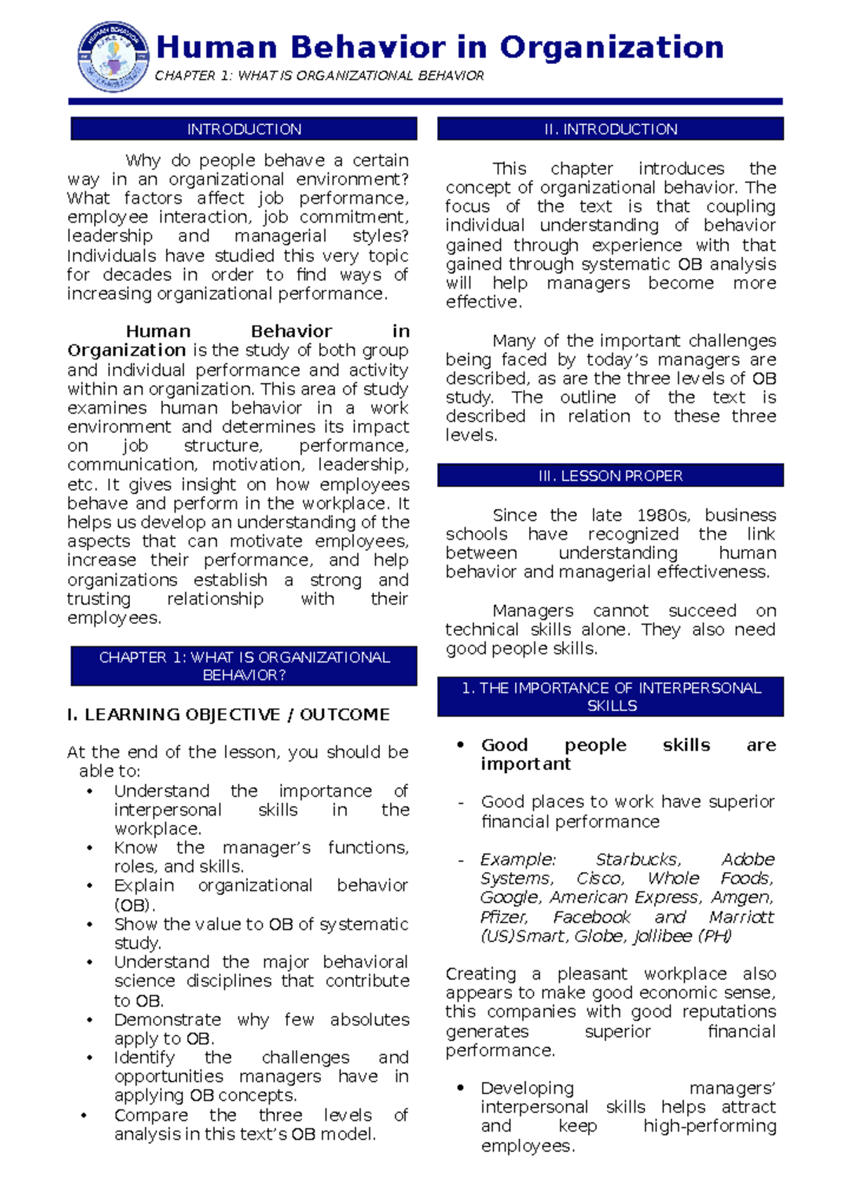 Human Behavior in Organization | Lecture Notes - CHAPTER 1: WHAT IS ...