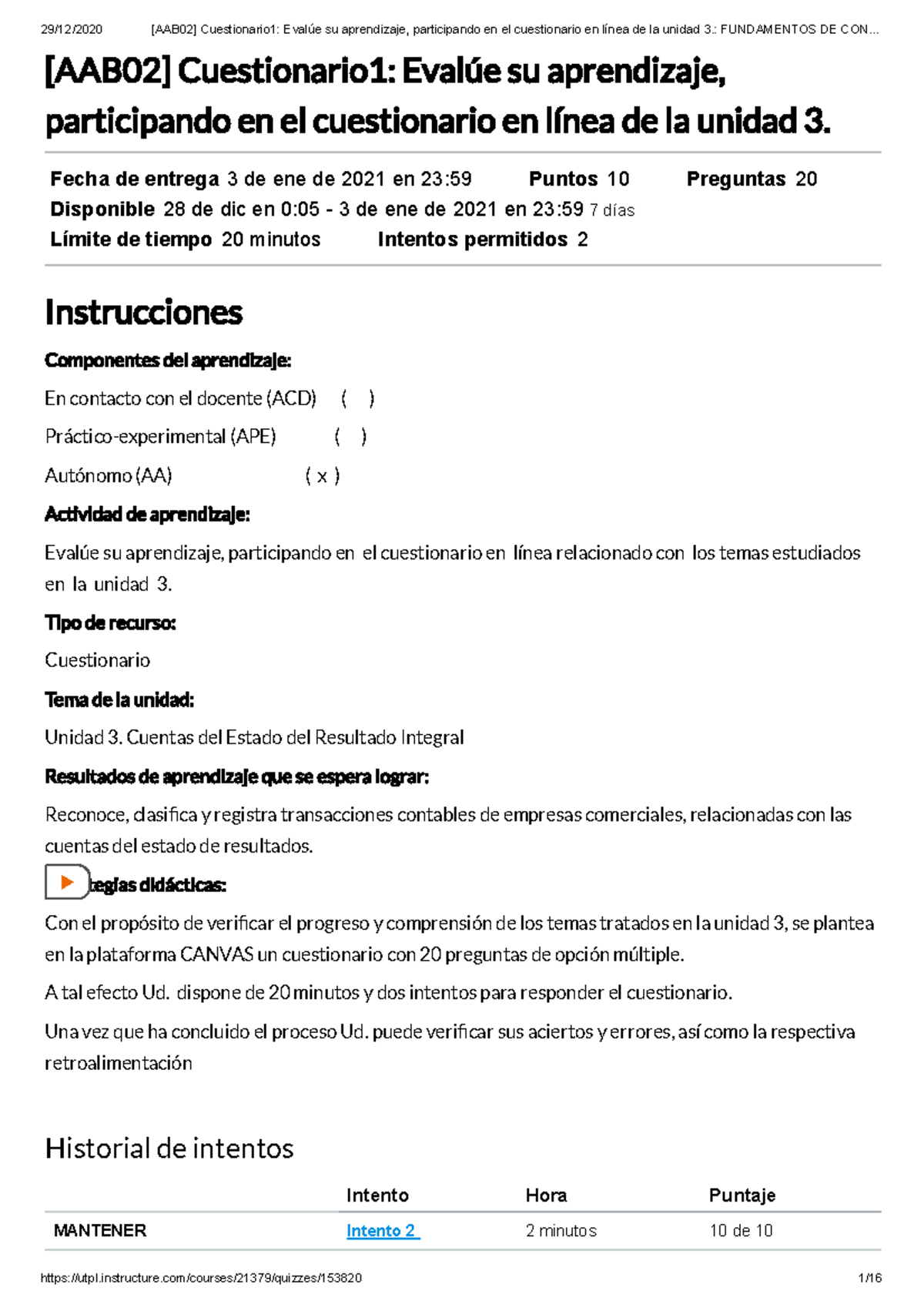 AAB02 Cuestionario 1 Eval e su aprendizaje participando en el cuestionario en l nea de la unidad ...