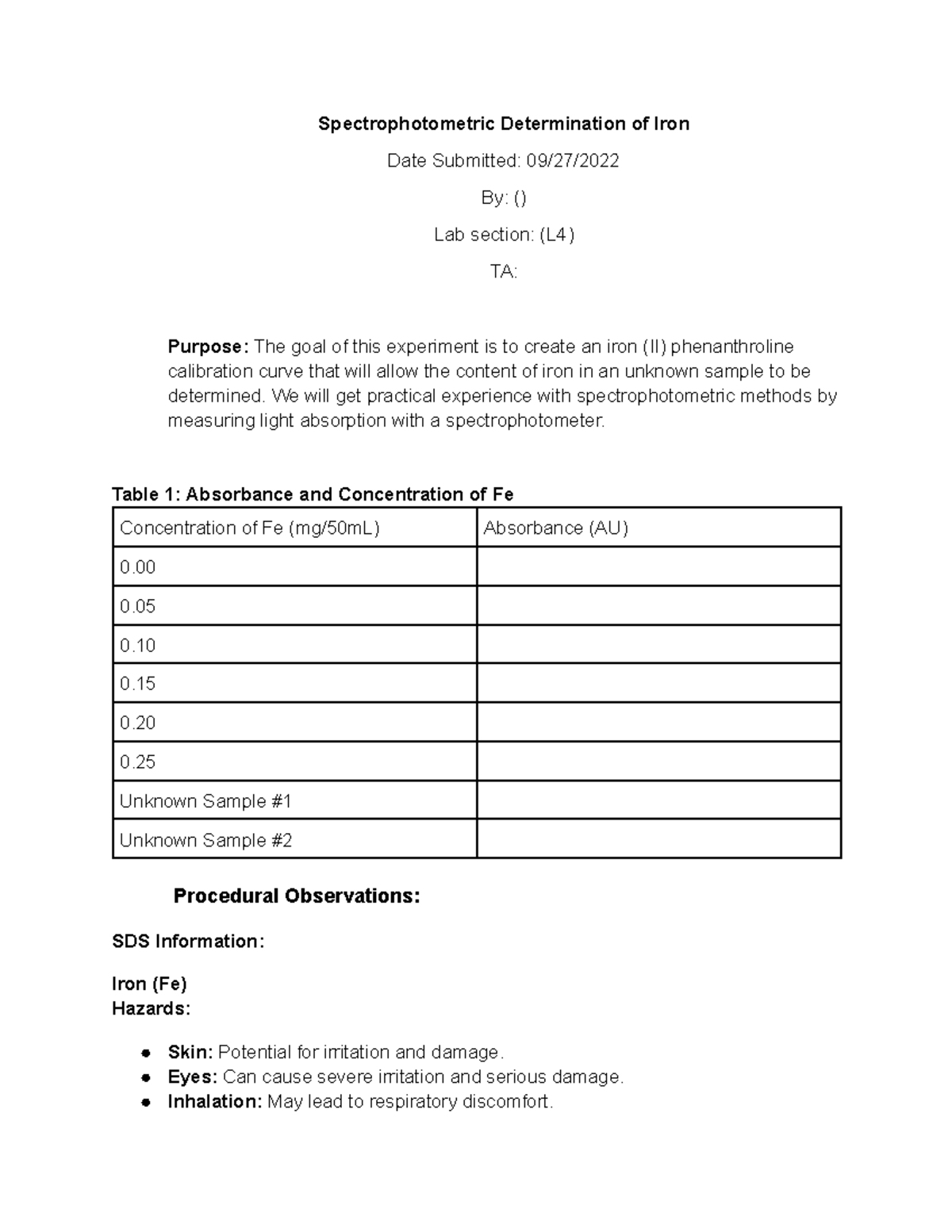 Chem LAB 1 - Chemistry Post Lab - Spectrophotometric Determination of ...