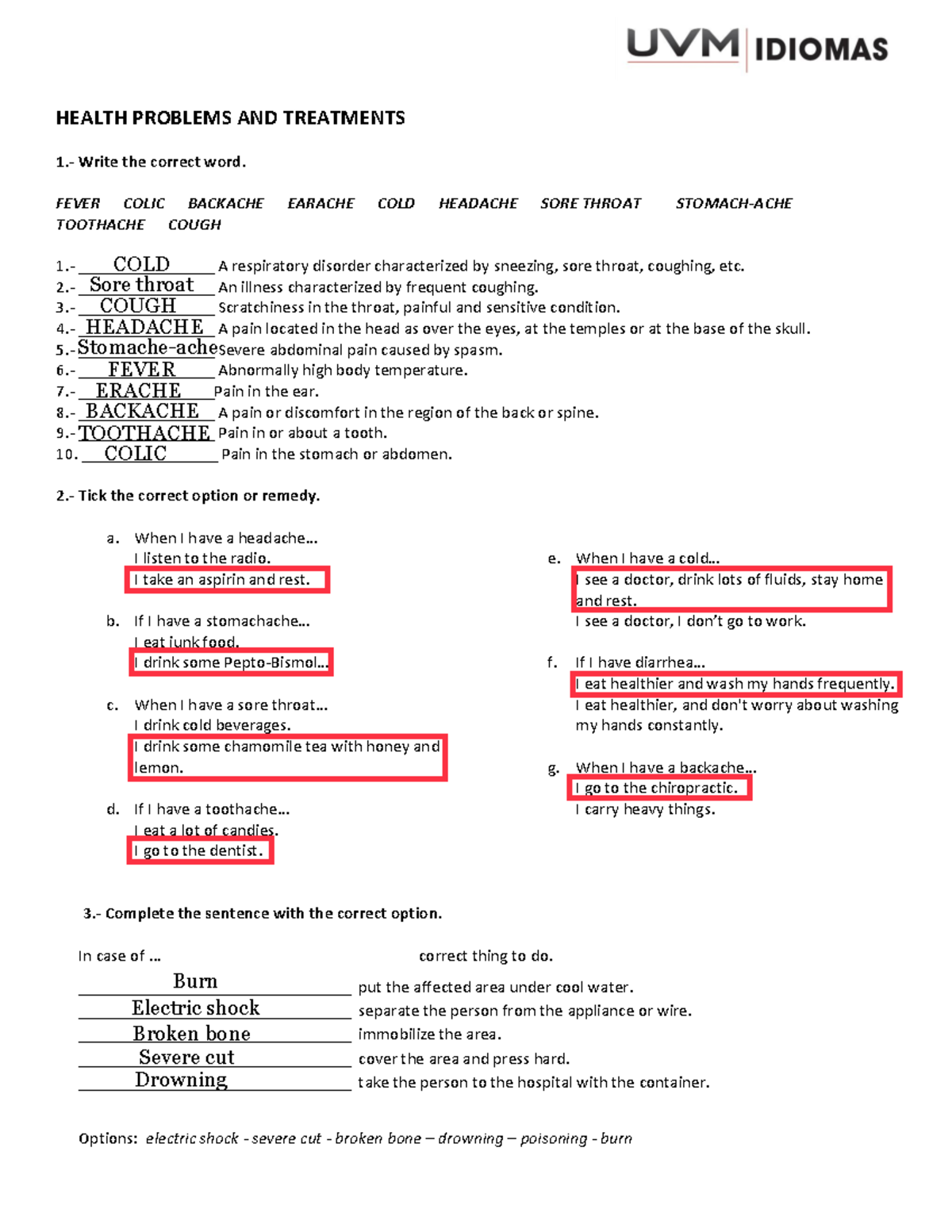 Level 2 - Unit 3 week 4 Worksheet 1 - HEALTH PROBLEMS AND TREATMENTS 1 ...
