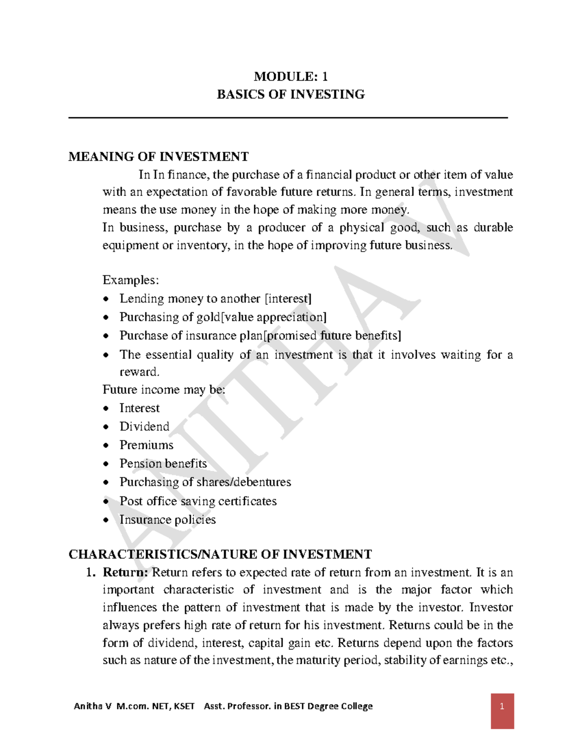Basics of Investment - MODULE: 1 BASICS OF INVESTING - Studocu