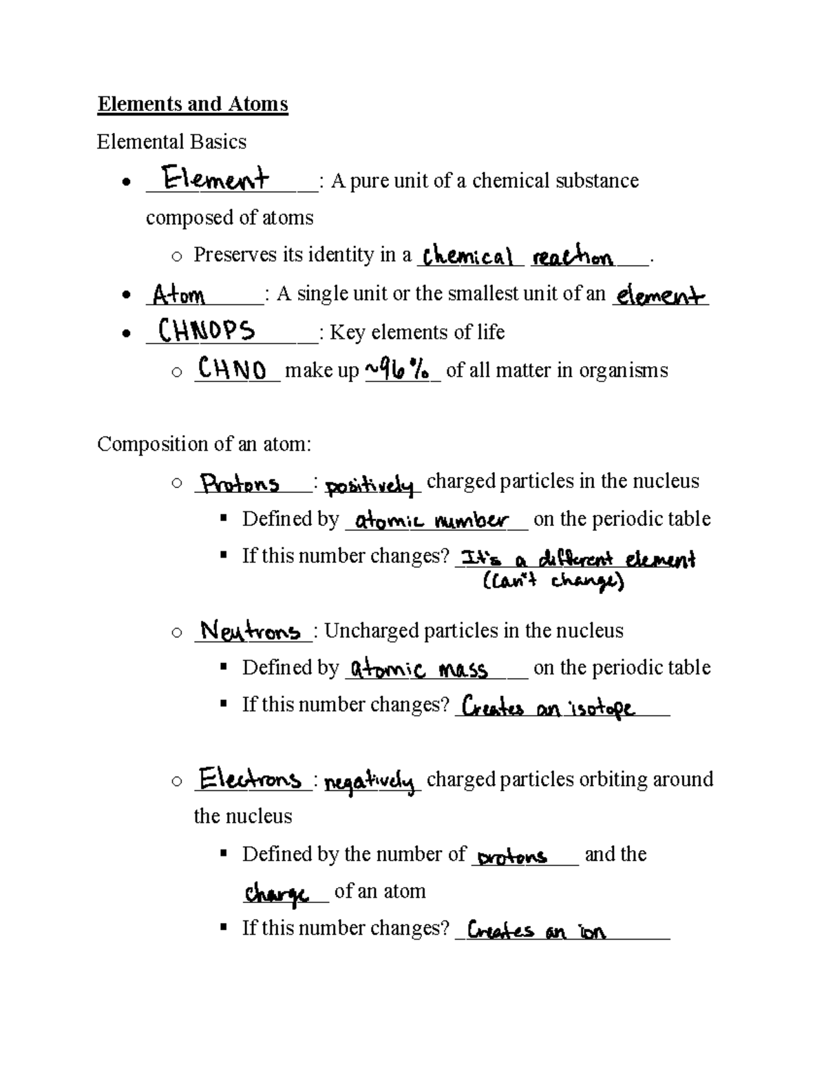 Chapter 2 Notes - Elements and Atoms Elemental Basics ...