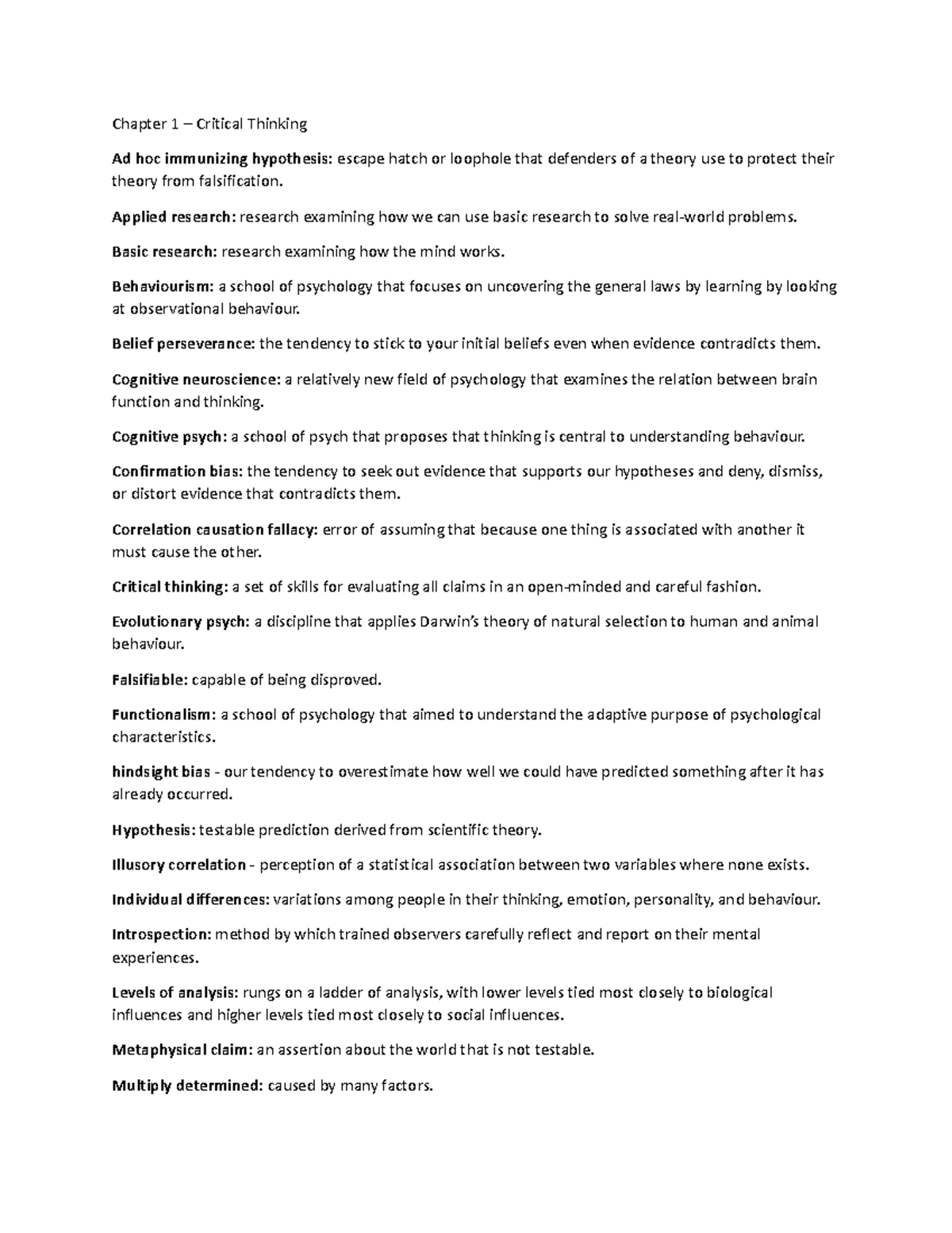 Psyc 1100 - Chapter 1 and 2 - Chapter 1 – Critical Thinking Ad hoc ...