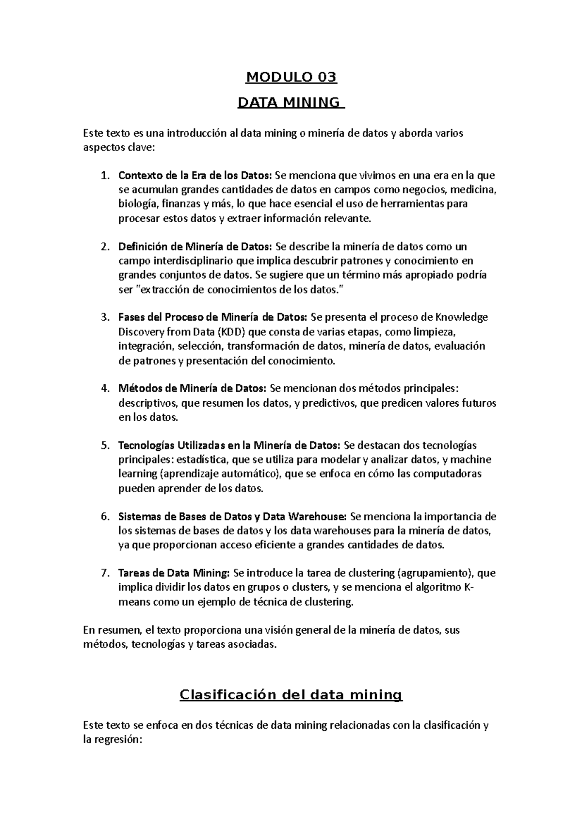 Resumen i. ia m3-4 - MODULO 03 DATA MINING Este texto es una introducción al data mining o ...