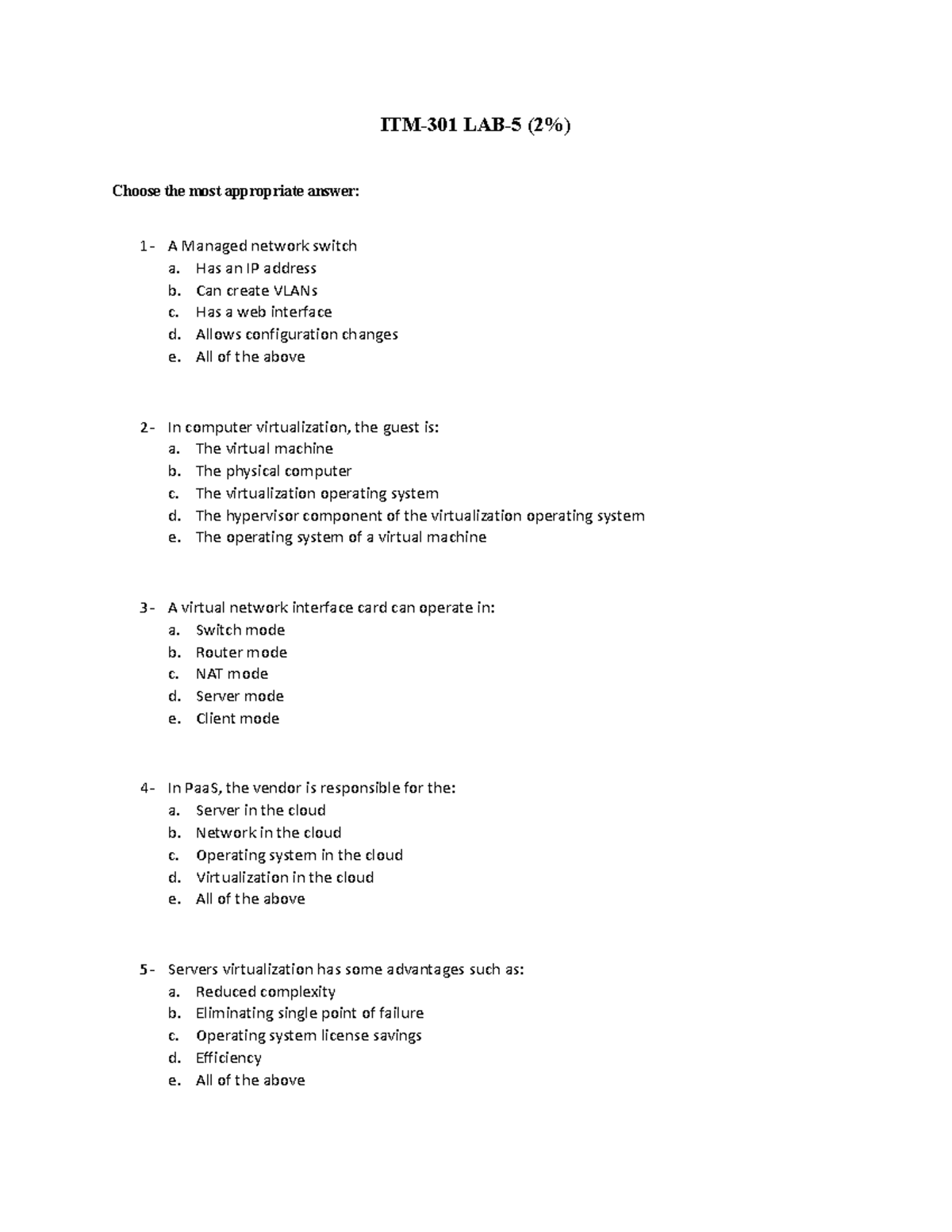 Itm301 Lab 5 Lab 5 Itm 301 Lab 5 2 Choose The Most Appropriate Answer 1 A Managed