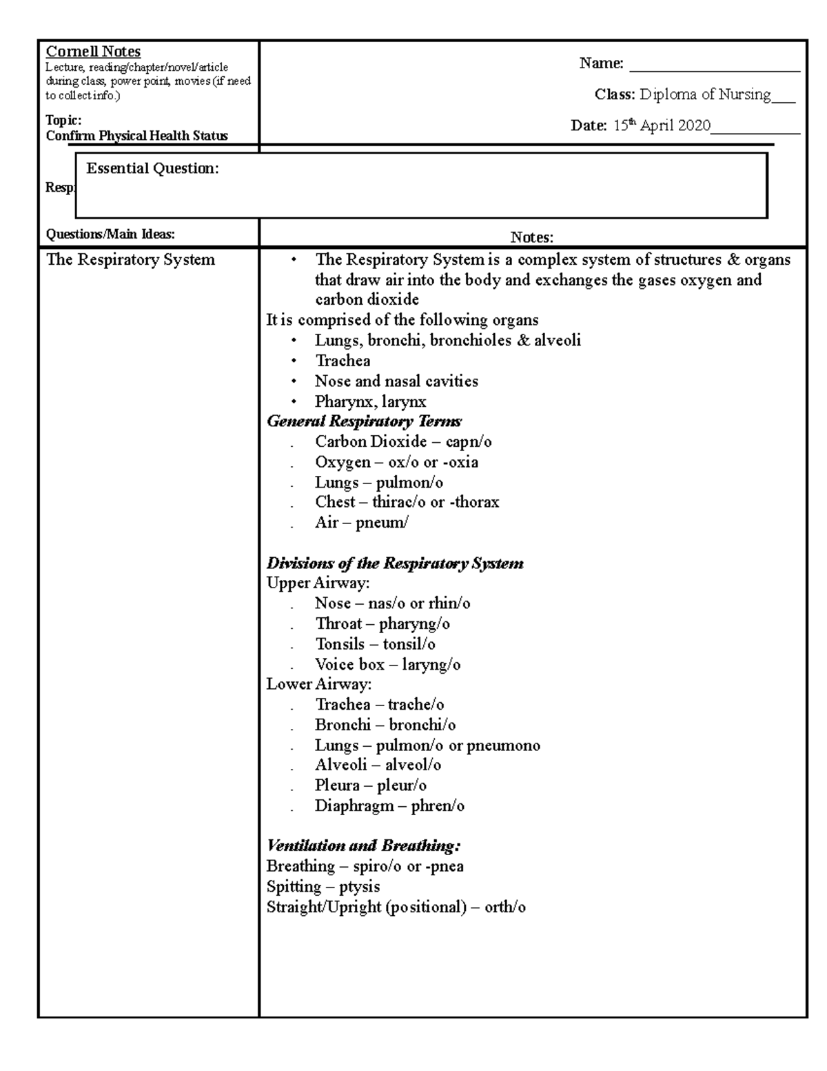 Respiratory Notes - Cornell Notes Lecture, reading/chapter/novel ...