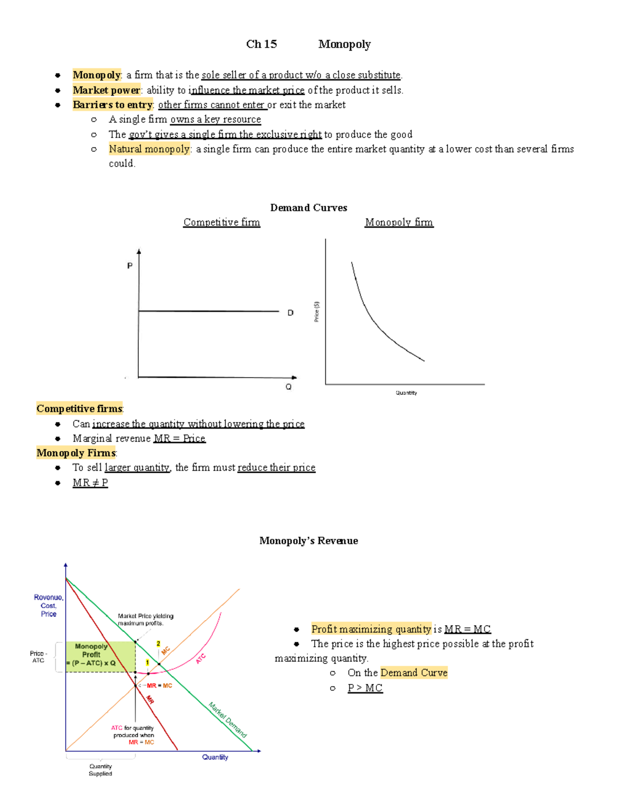 Ch 15 - Monopoly - Ch 15 Monopoly Monopoly: a firm that is the sole ...