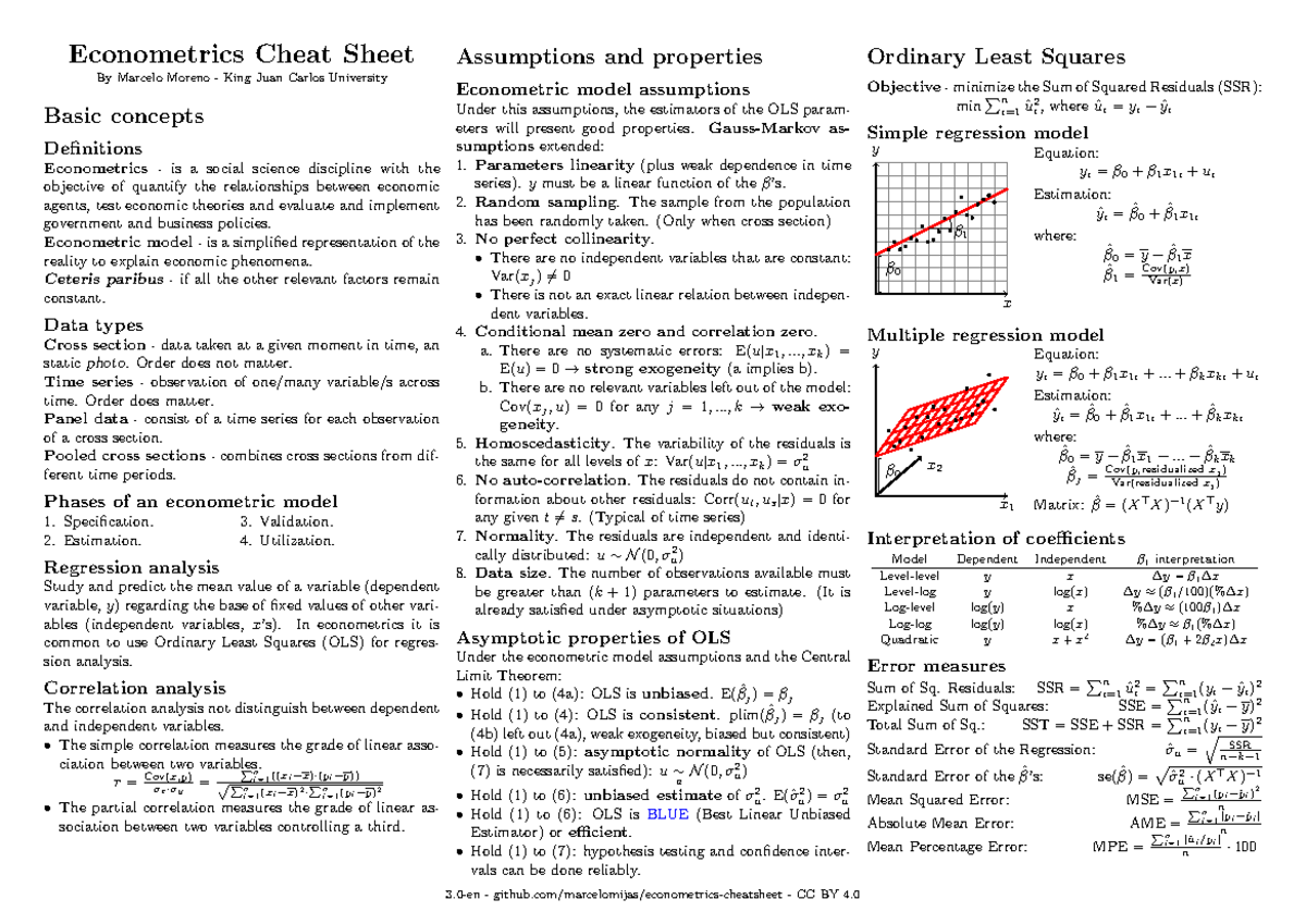 Econometrics-cheatsheet-en - Econometrics Cheat Sheet By Marcelo Moreno - King Juan Carlos - Studocu