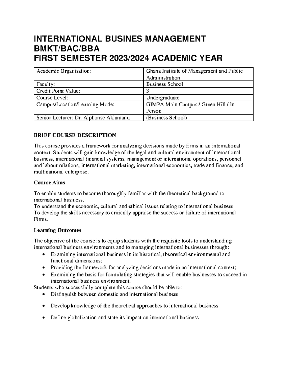 New Course Outline International Busines Management BMKT ...